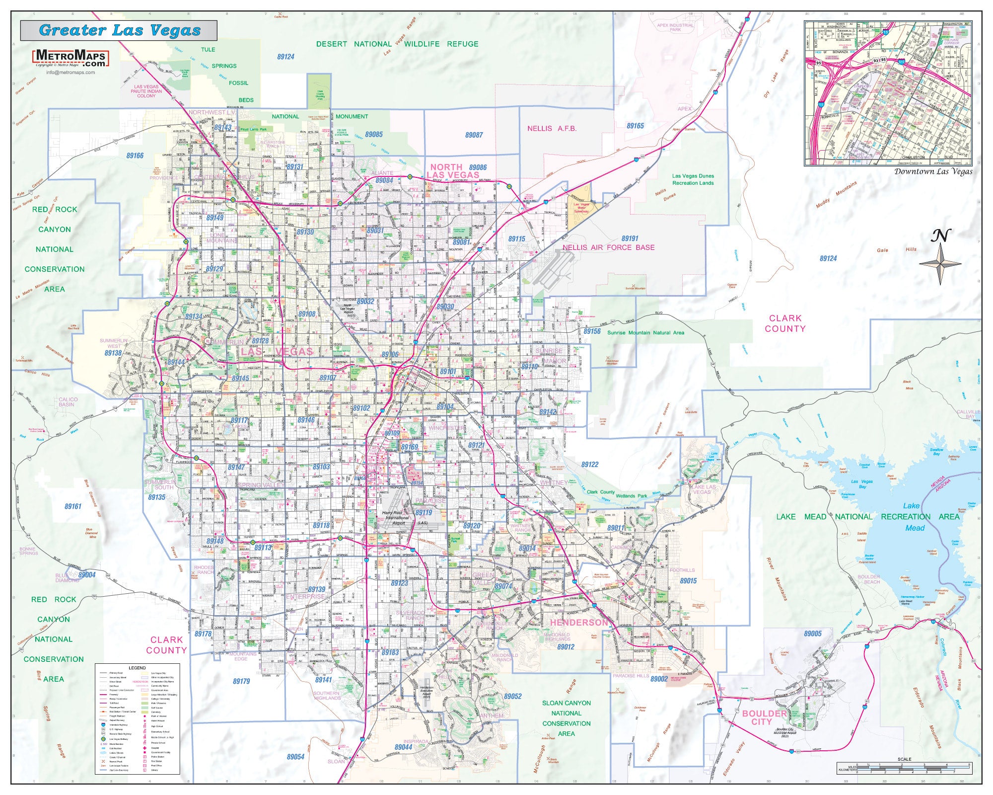 greater las vegas nevada detailed region zip codes wall map | Metro Maps