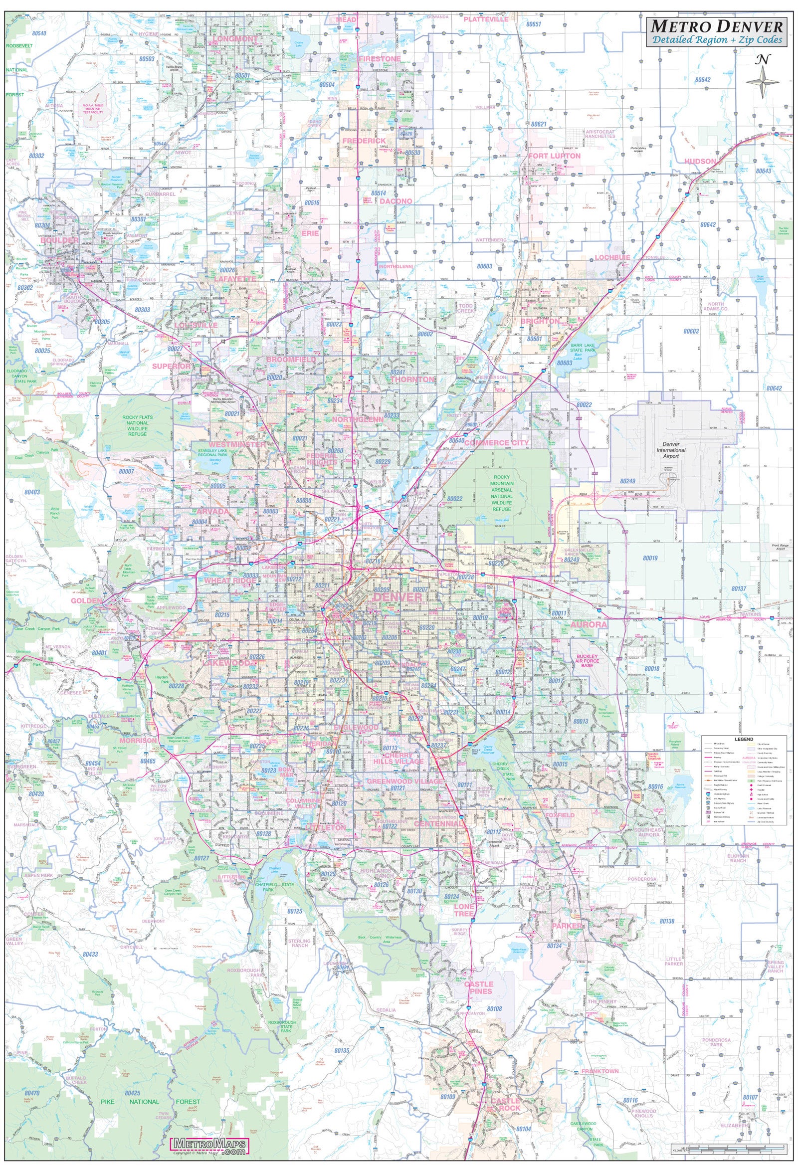 Metro Denver CO Detailed Region Wall Map w/Zip Codes | Metro Maps