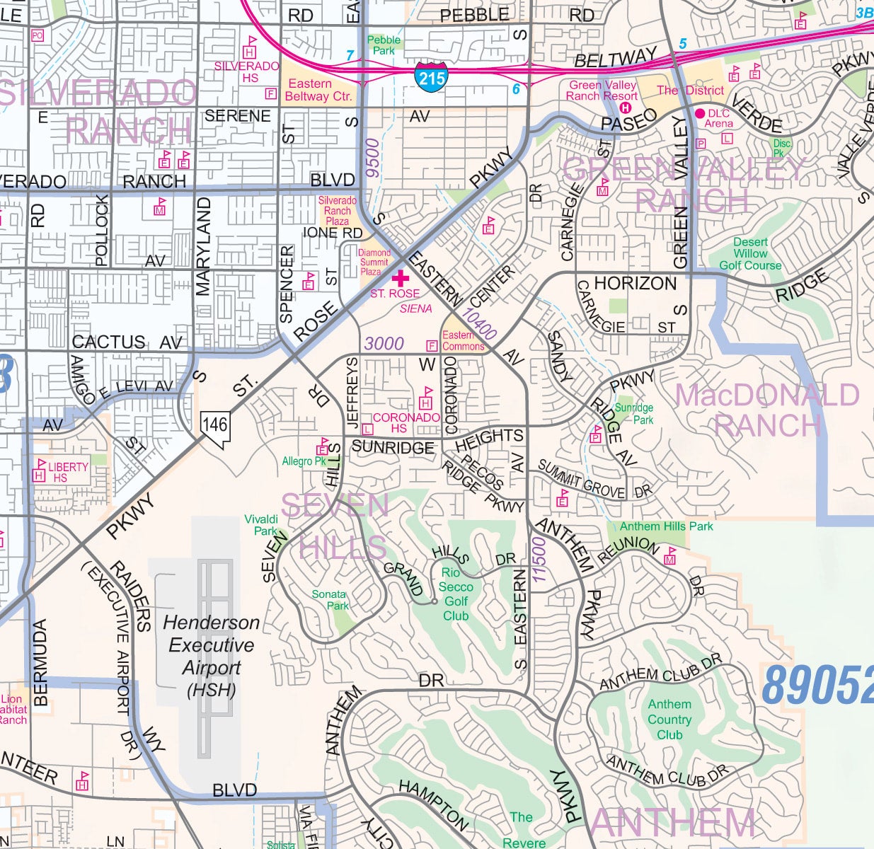 greater las vegas nevada detailed region zip codes wall map | Metro Maps