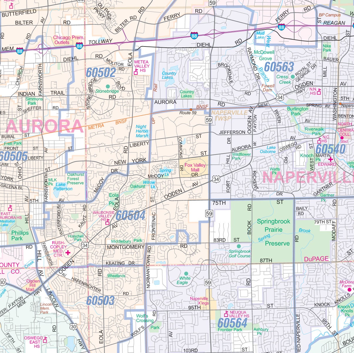 ChicagoLand Detailed Region Chicago Wall Map | Metro Maps