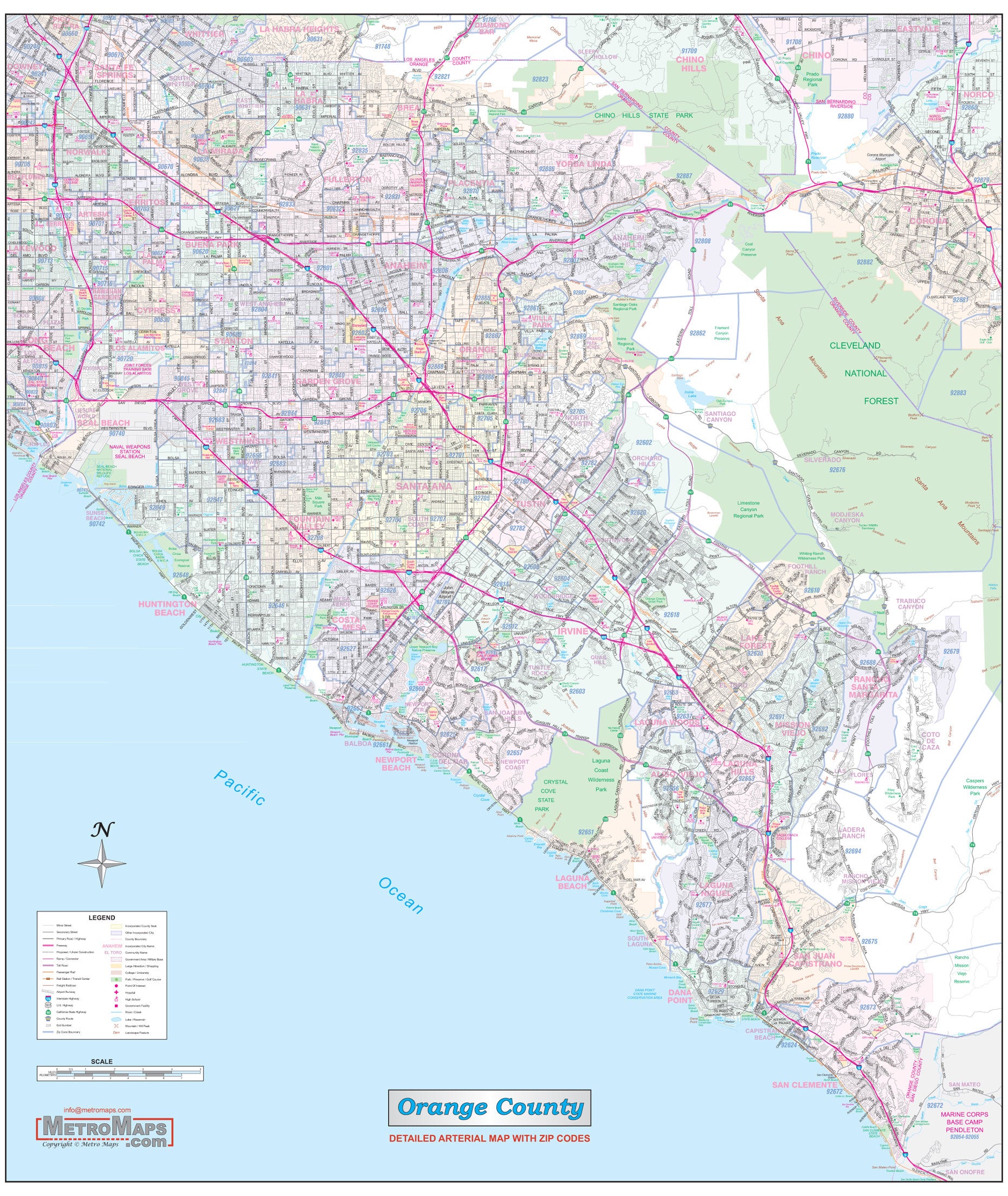 Orange County, CA Detailed Arterial Wall Map w/Zip Codes | Metro Maps