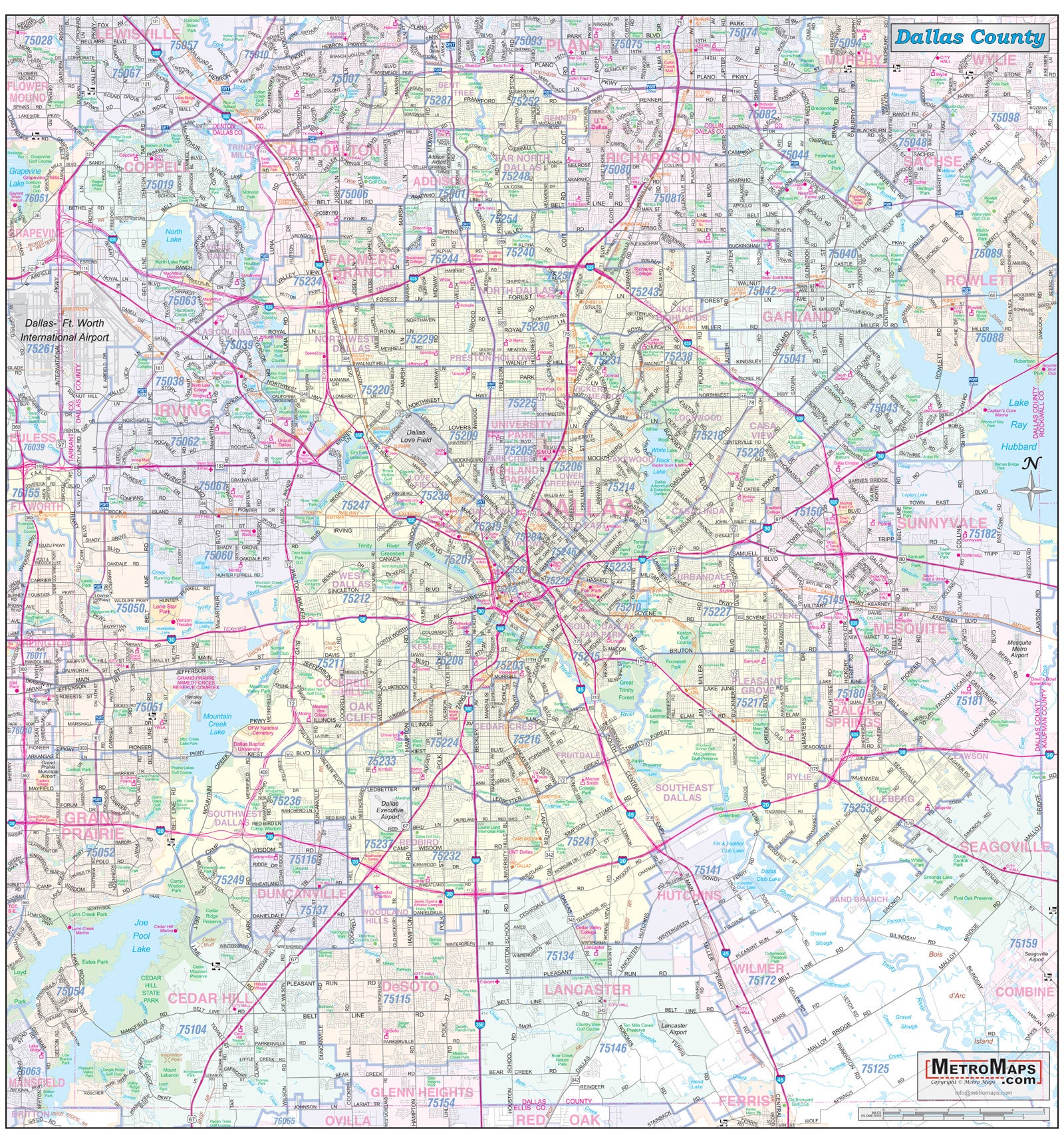 Dallas County Detailed Arterial Wall Map with Zip Codes | Metro Maps